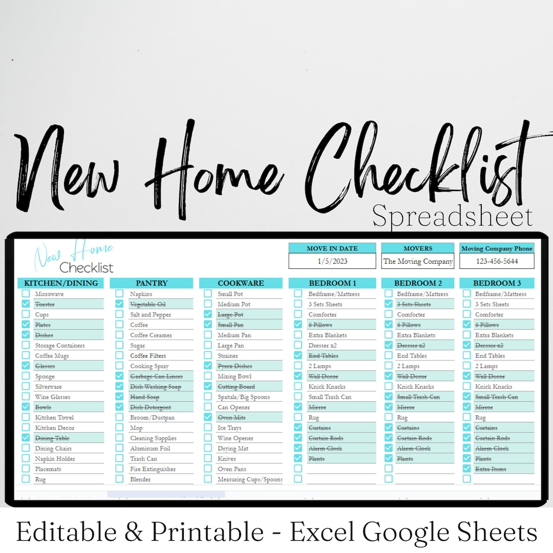 New Home Planner Template, New Apartment Essentials Checklist Excel ...