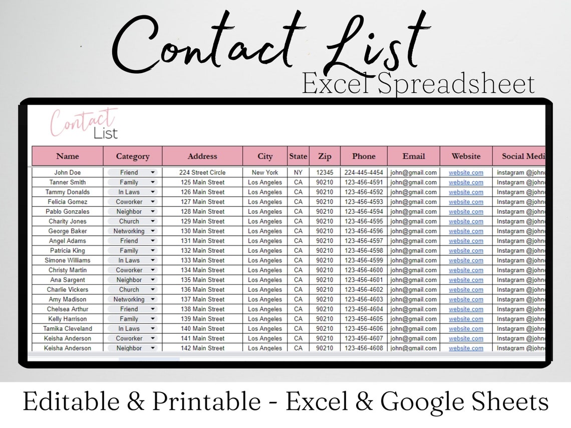 Contact List Template Excel Spreadsheet Contact List Google - Etsy
