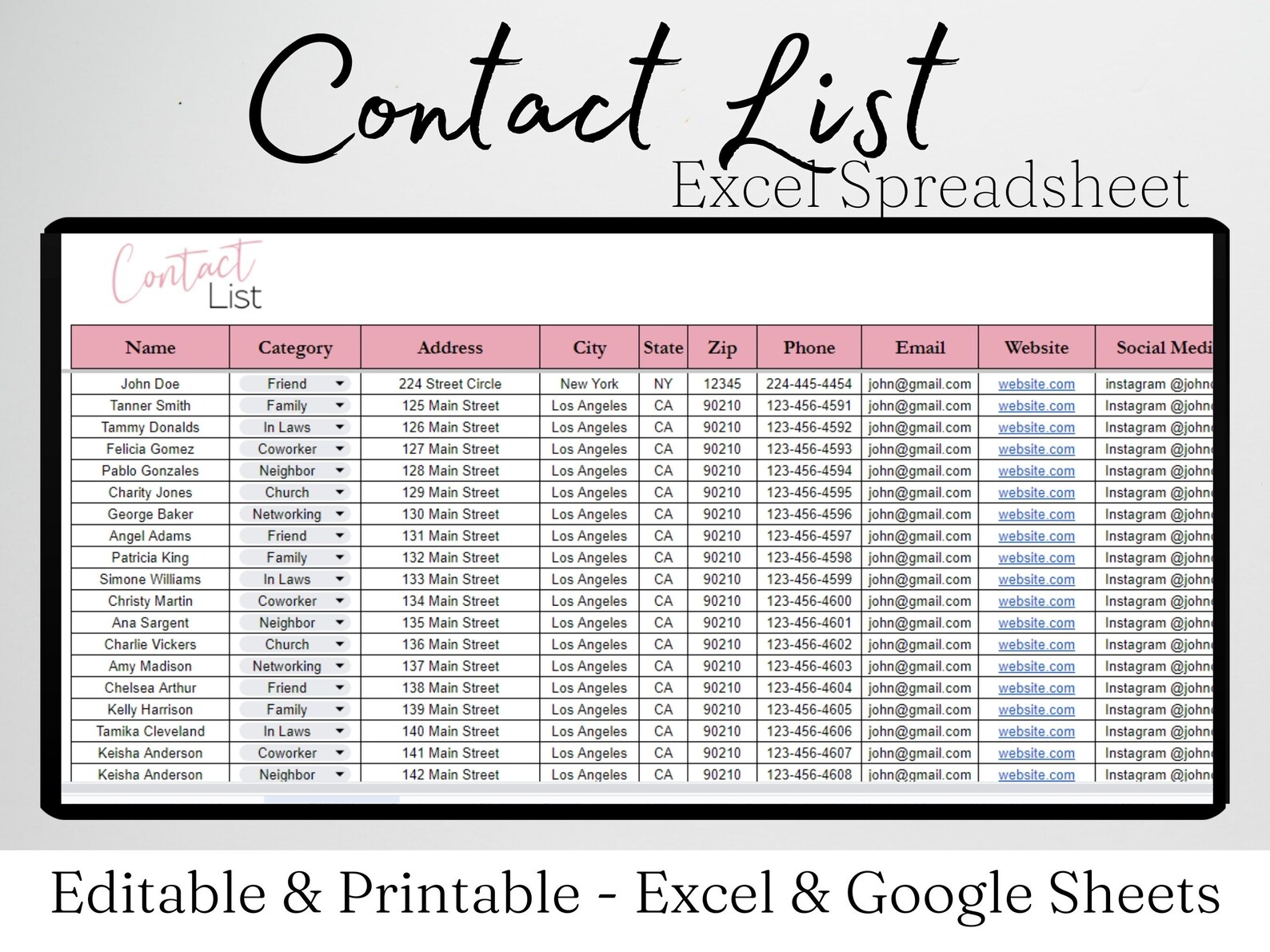 Contact List Template Excel Spreadsheet, Contact List Google Sheet ...