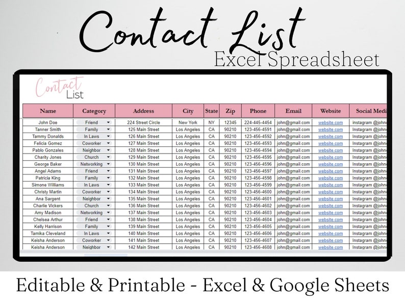 Contact List Template Excel Spreadsheet, Contact List Google Sheet, Contacts List, Contact ...