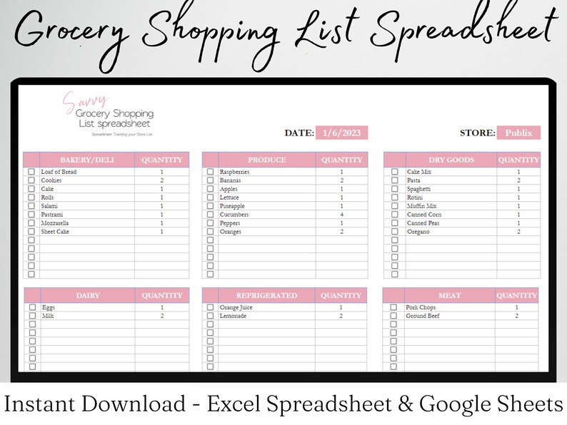 Grocery List Spreadsheet, Grocery Shopping List Template, Grocery ...