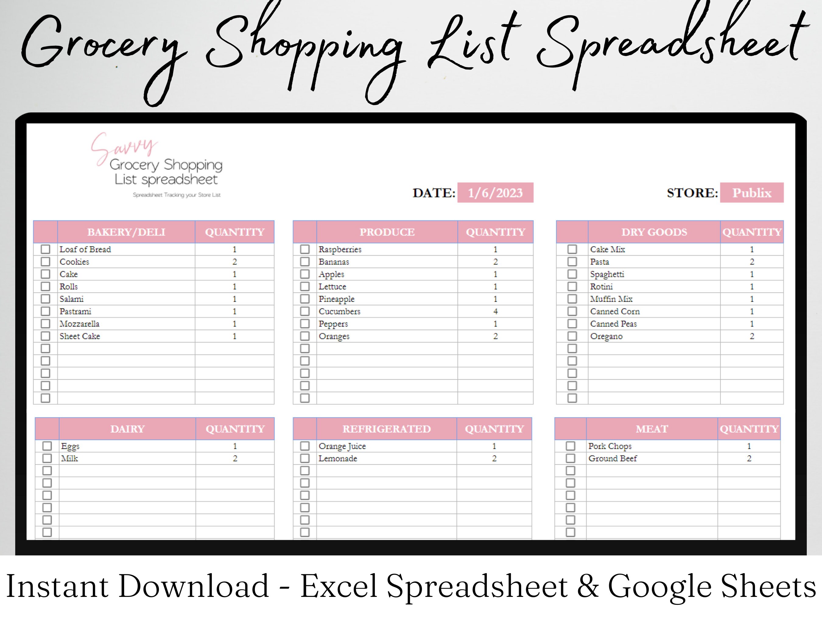 Grocery List Spreadsheet, Grocery Shopping List Template, Grocery ...