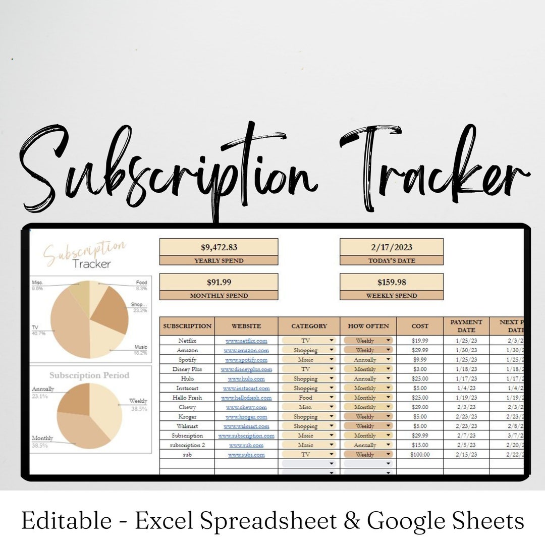 Monthly Subscription Tracker Google Sheets, Monthly Subscription ...
