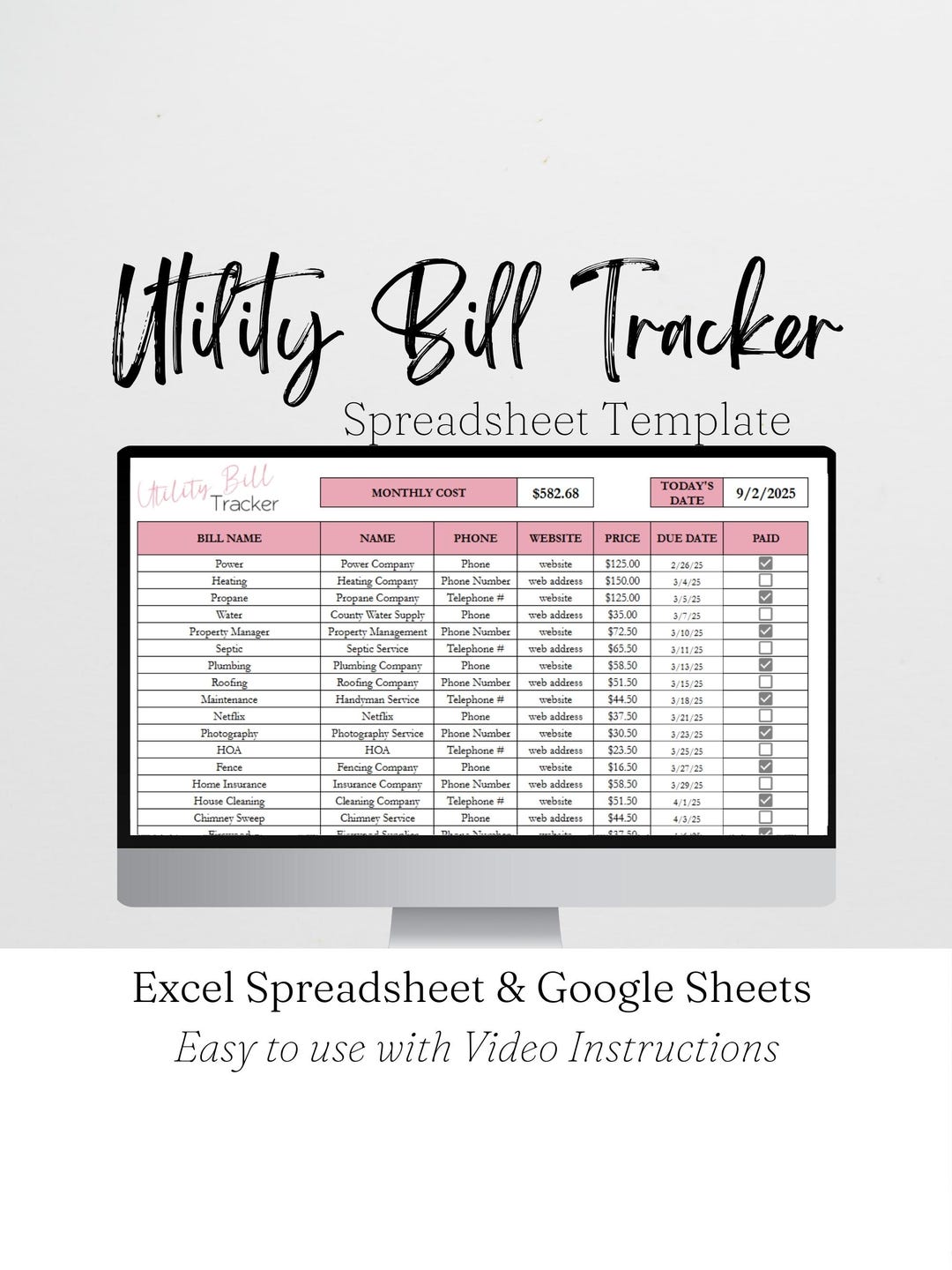 Utility Bill Tracker Excel Spreadsheet Template, Utilities Provider ...