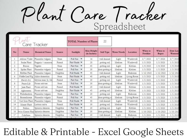 Plant Care Tracker Excel Spreadsheet Houseplants Care House - Etsy