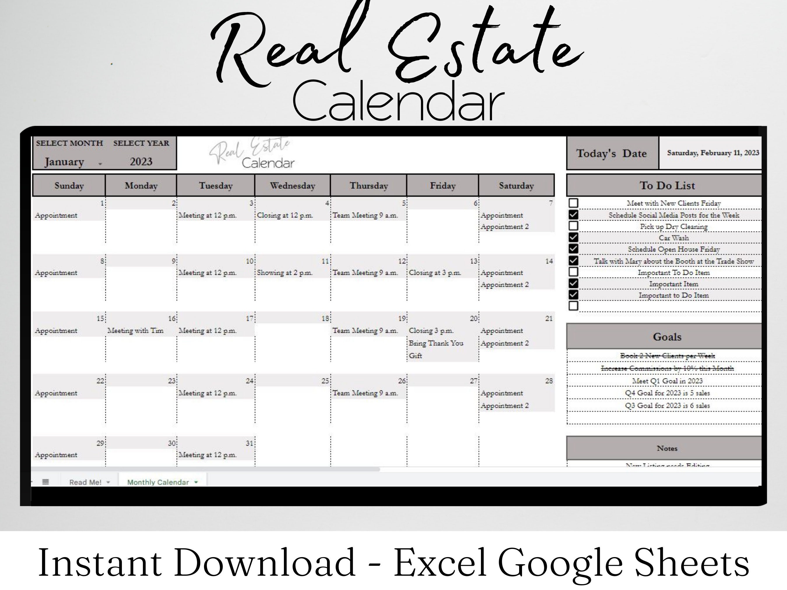 Realtor Monthly Calendar Digital, Real Estate Agent Calendar Excel ...