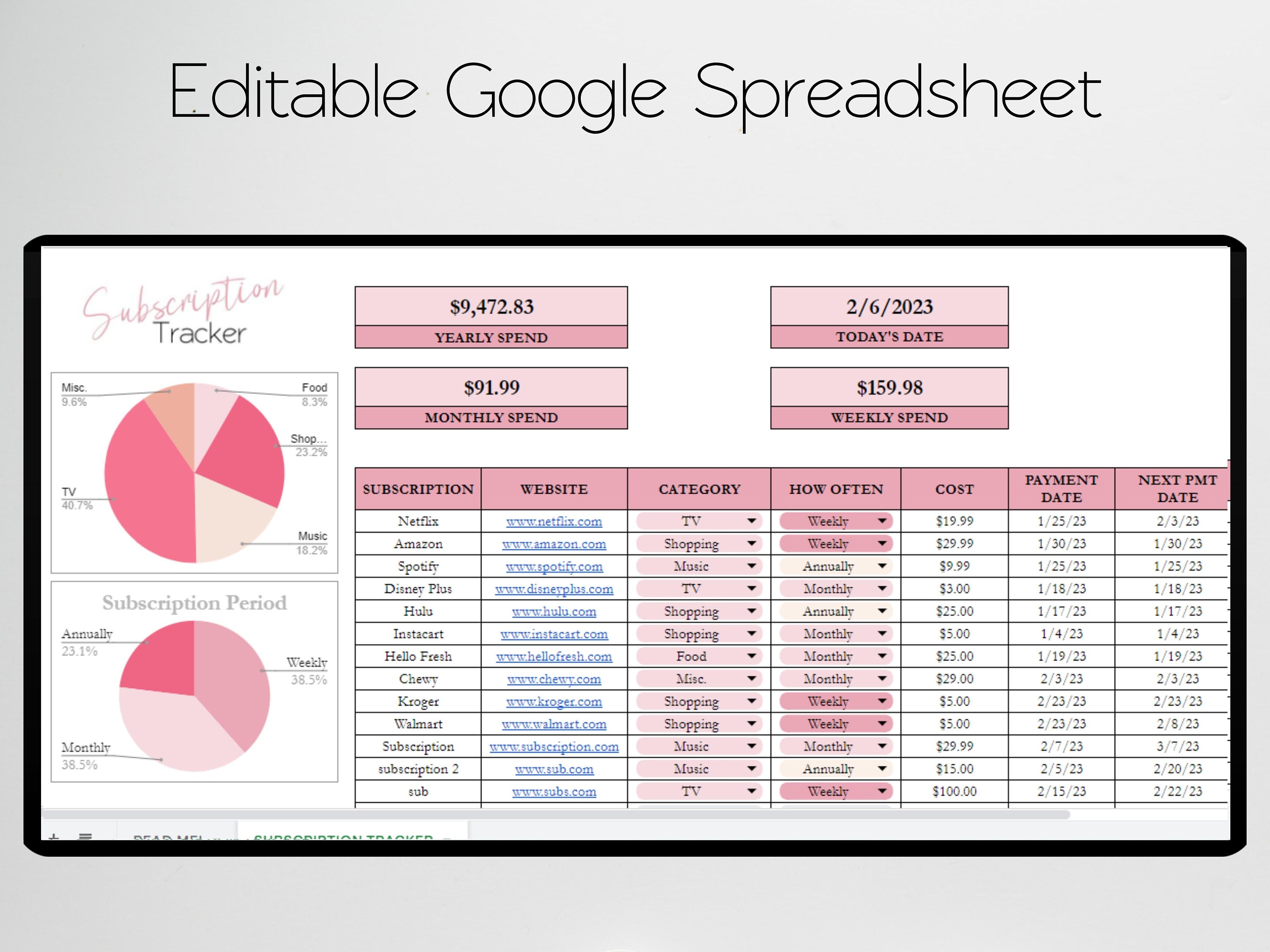 Subscription Tracker Google Sheets, Subscription Tracker Excel, Subscription Tracker Printable ...