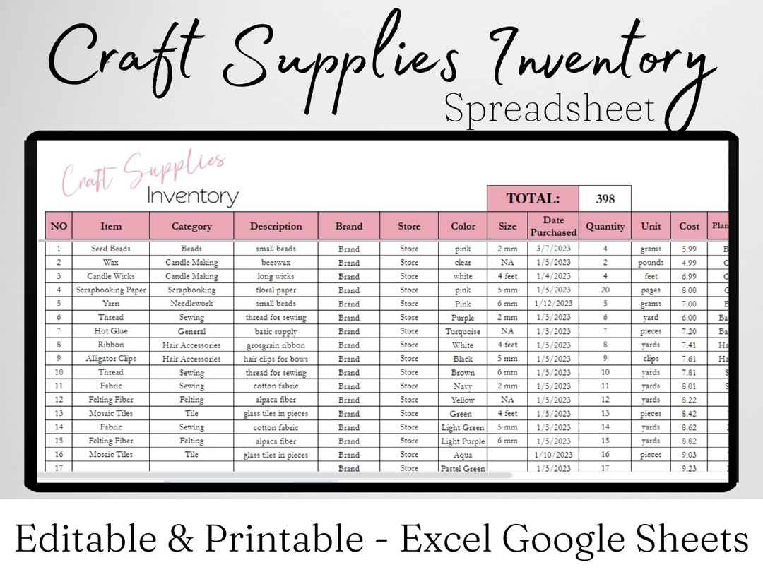 Craft Supplies Inventory Tracker Excel Spreadsheet Crafts Organization ...