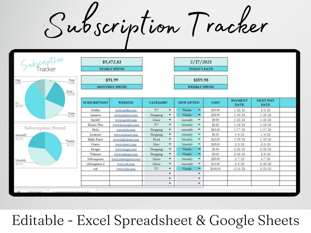 Subscription Tracker Excel Spreadsheet, Subscriptions Tracker Google ...