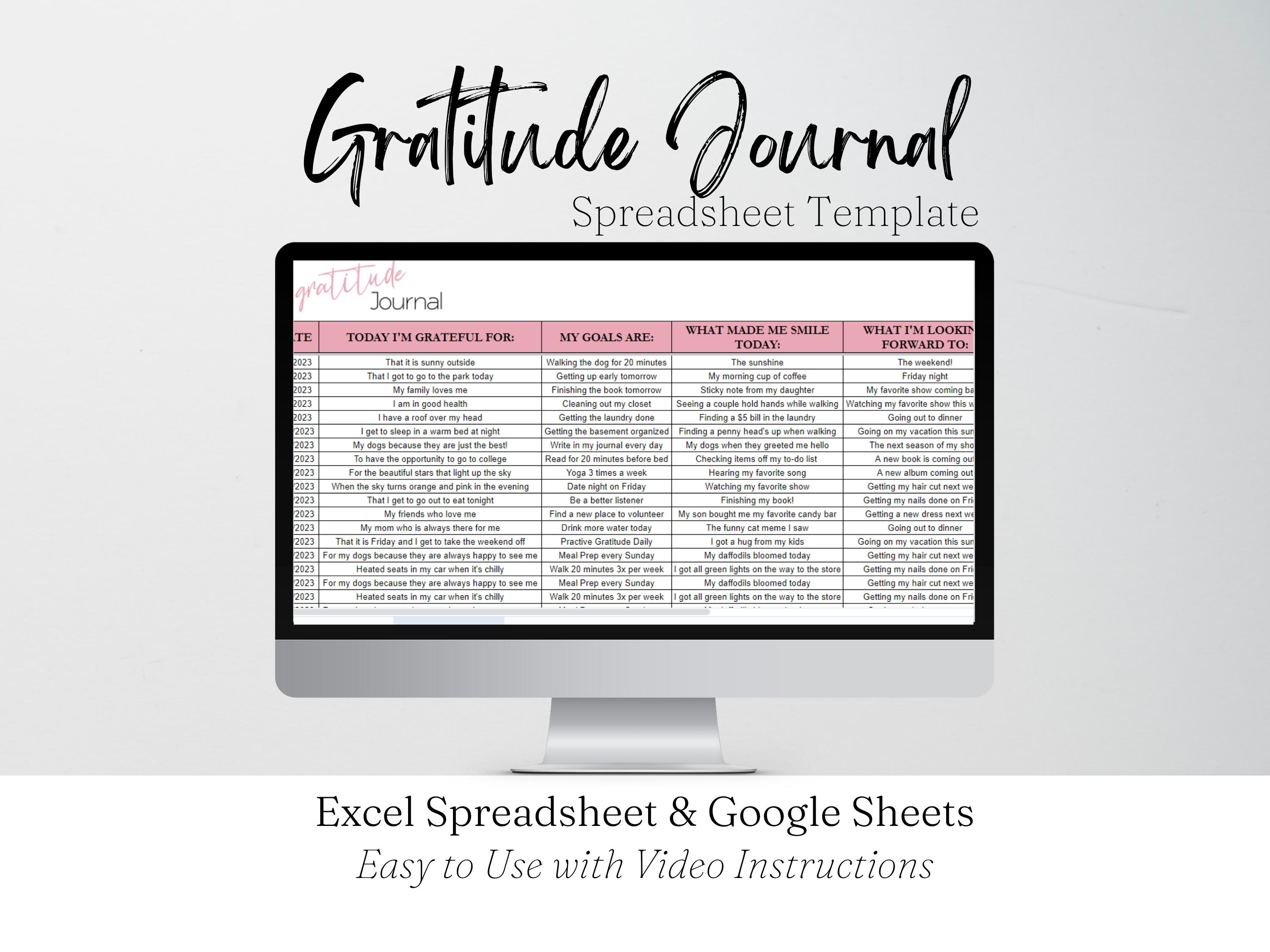 Gratitude Journal Template Excel Spreadsheet, Mindfulness Journal, Love ...