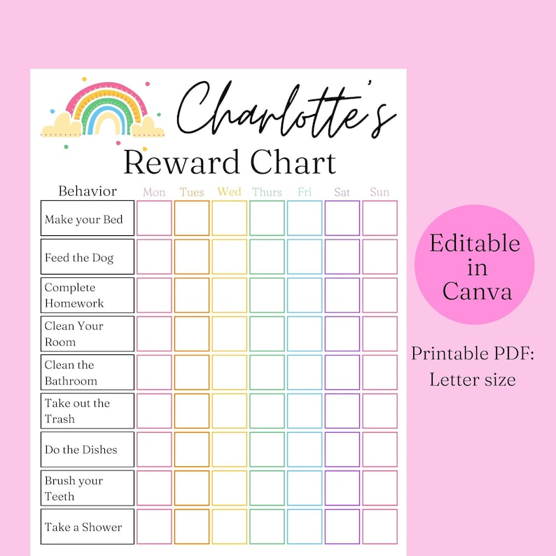 Reward Chart for Kids Printable, Editable in Canva, Sticker Chart Chore ...