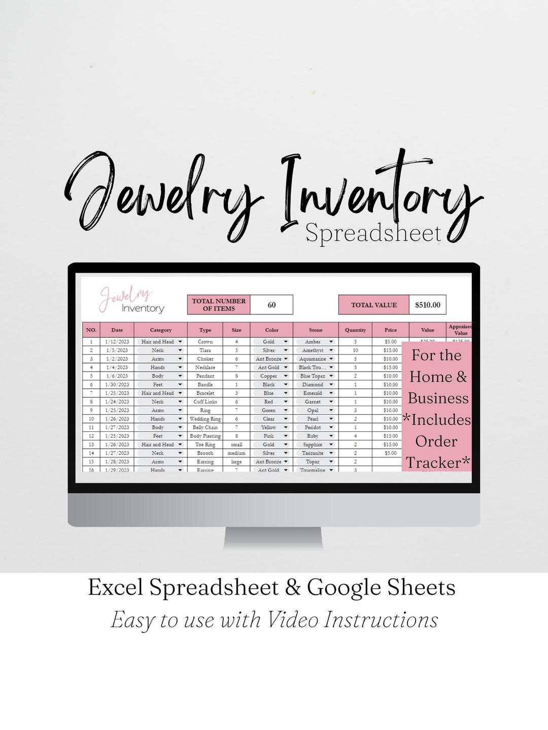 Jewelry Inventory Tracker, Jewelry Making Planner List Excel ...