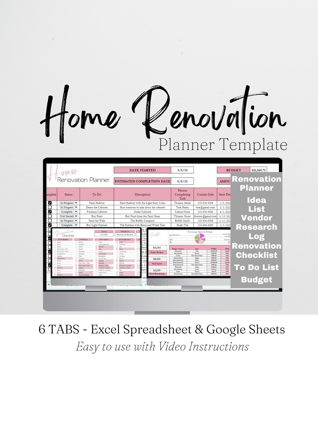 Home Renovation Planner Excel Spreadsheet, Home Improvement, Home ...