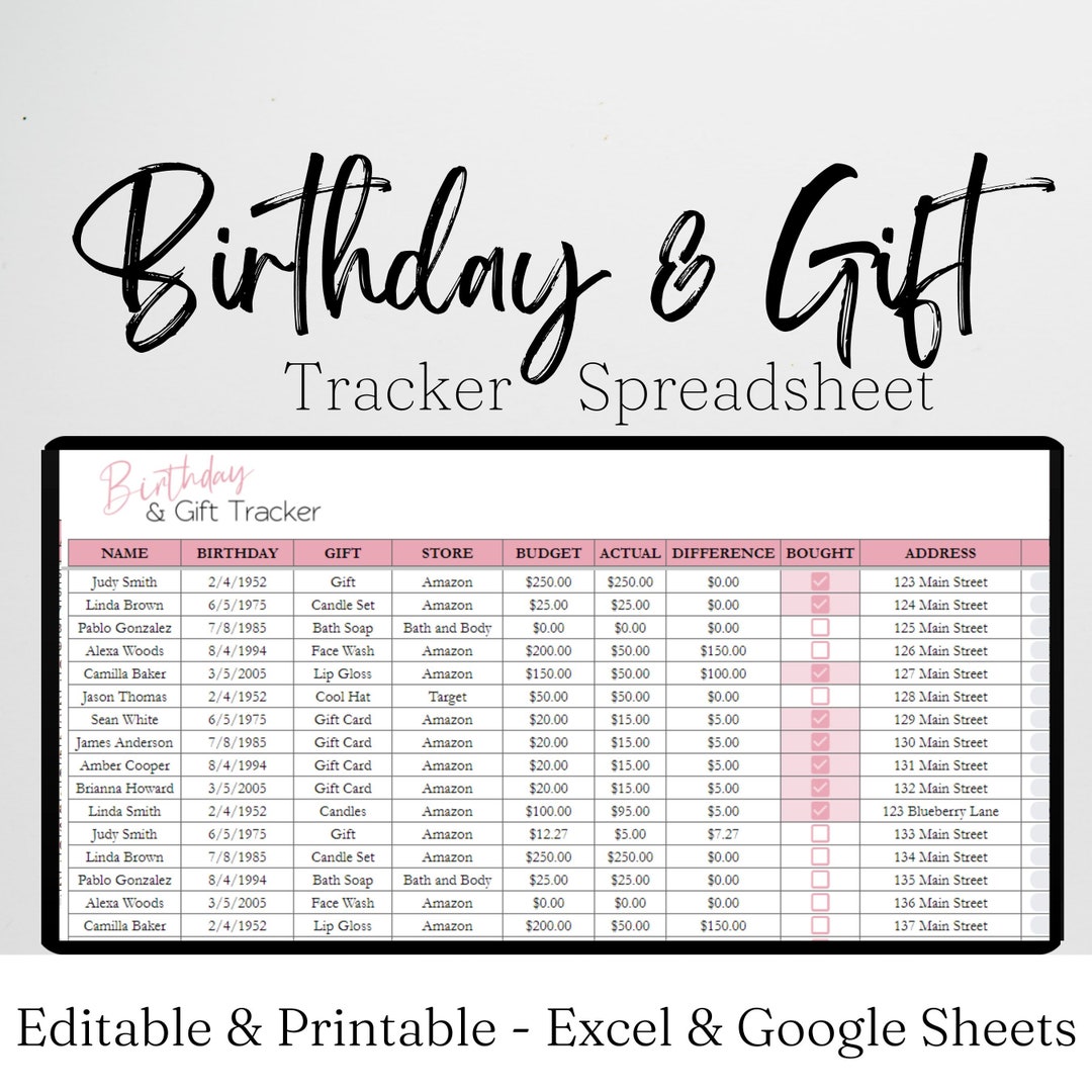 Birthday Tracker Template Excel Spreadsheet, Birthday Gift Tracker ...