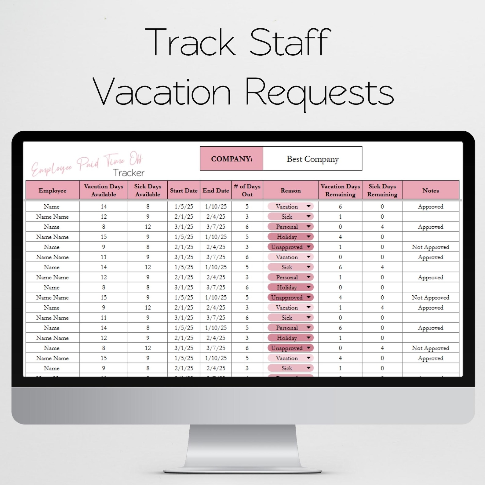 Employee PTO Tracker Template, Vacation Tracker, Leave Tracker, Time ...