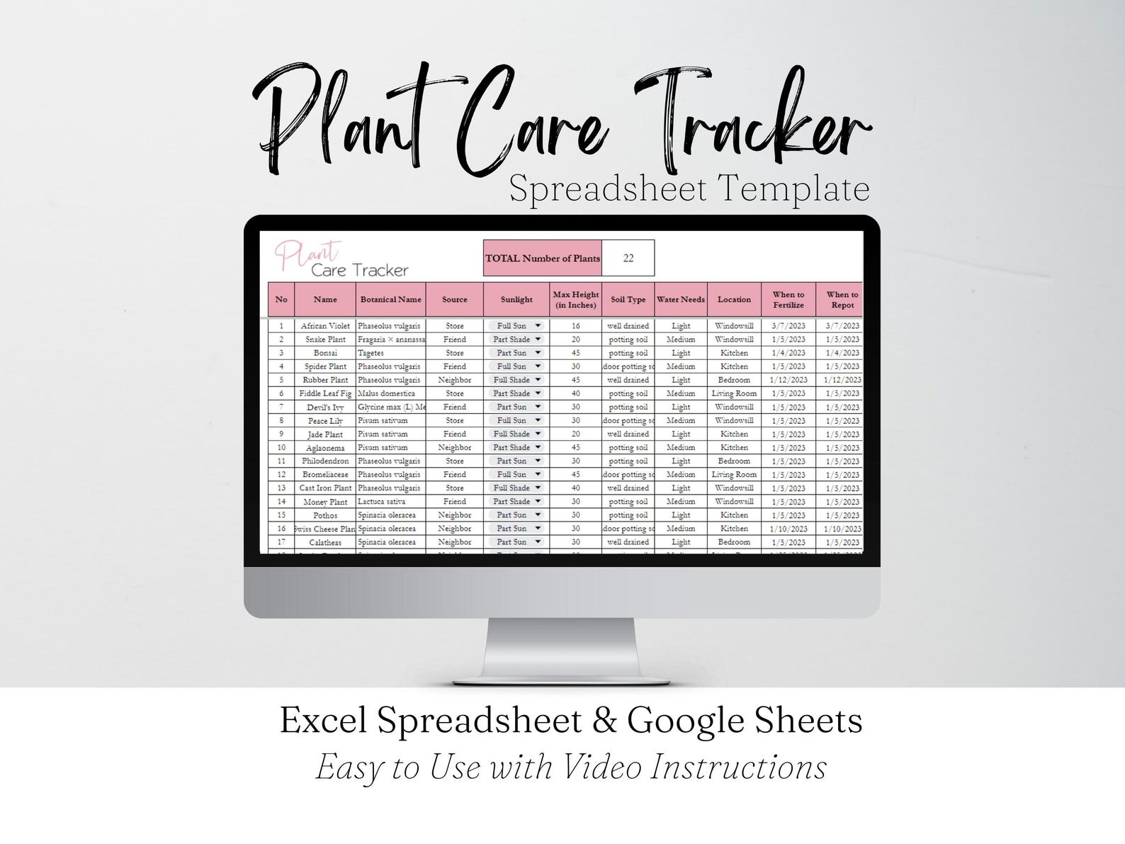 Plant Care Tracker Excel Spreadsheet, Houseplants Care, House Plant ...