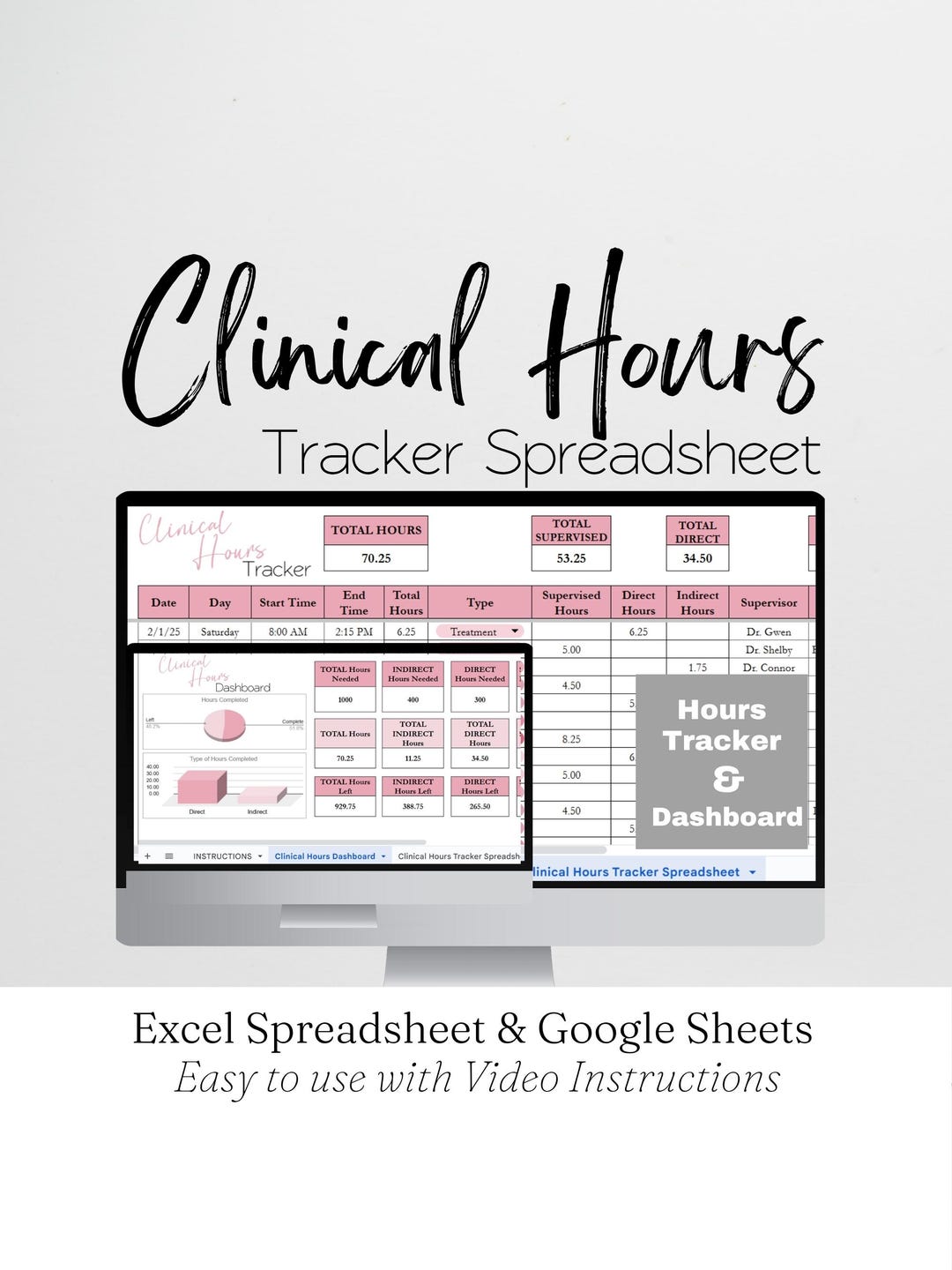 Clinical Hours Tracker Spreadsheet, Residency Hours Sheet, Supervision ...