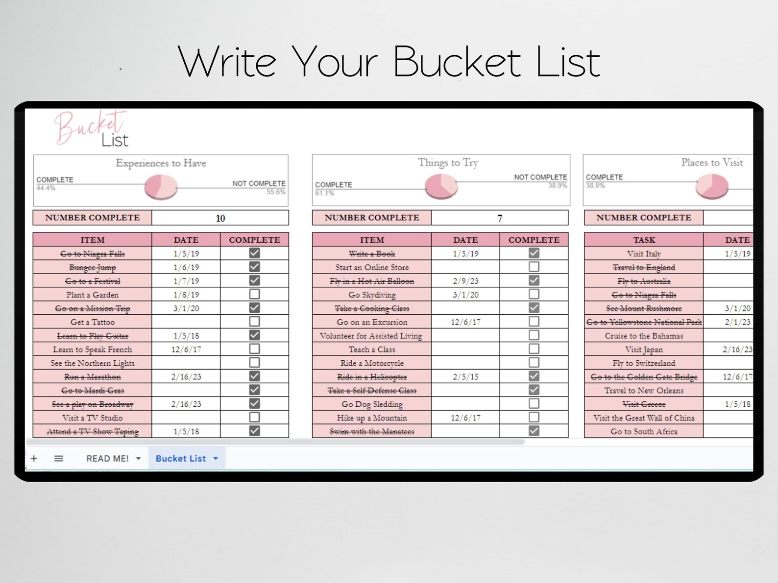 Bucket List Template Excel Spreadsheet Bucket List Journal - Etsy