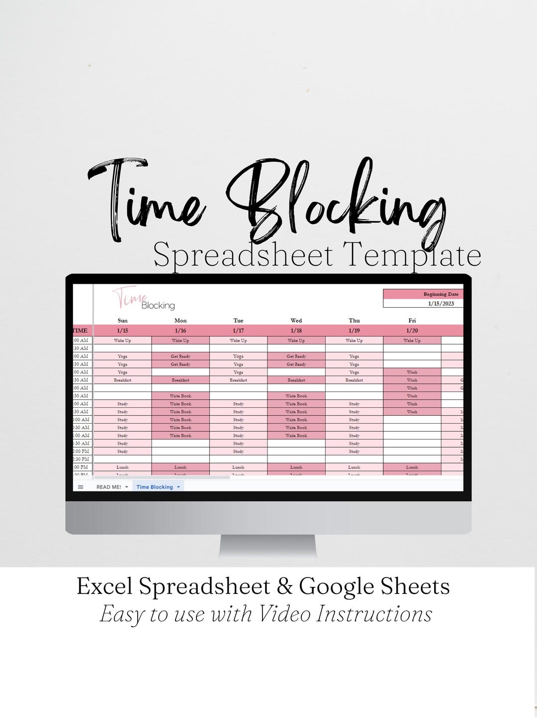 Time Blocking Template Google Sheet, Time Blocking Planner Excel Spreadsheet, Time Block Digital ...