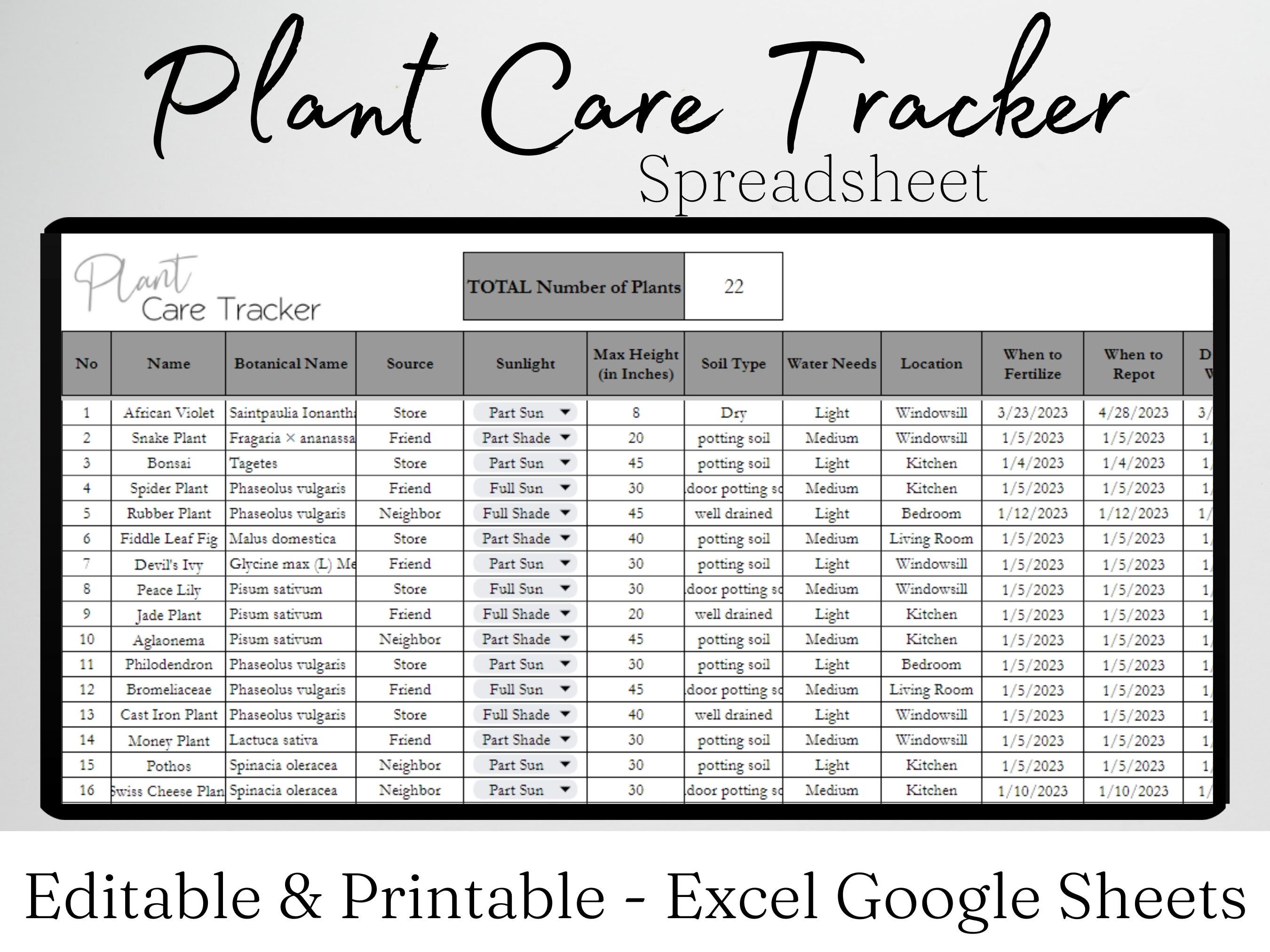 Plant Care Tracker Excel Spreadsheet, Houseplants Care, House Plant ...