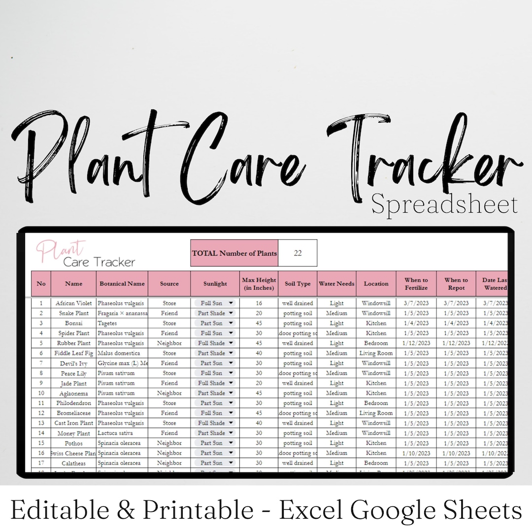 Plant Care Tracker Excel Spreadsheet, Houseplants Care, House Plant ...