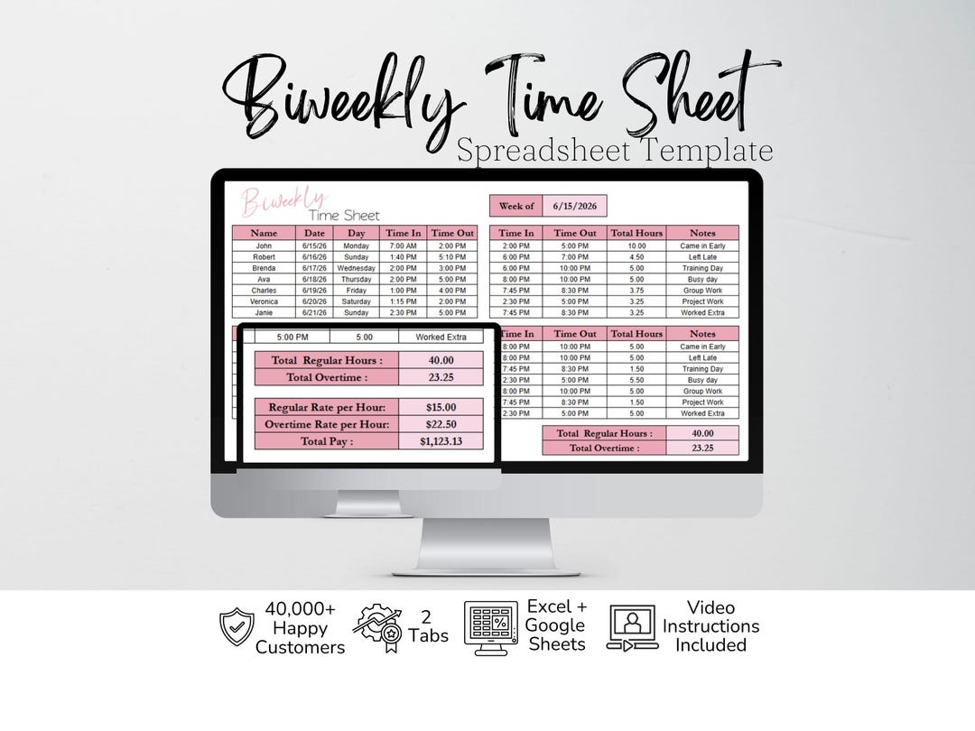 Biweekly Timesheet Template, Work Log Regular Hours & Overtime Tracker ...