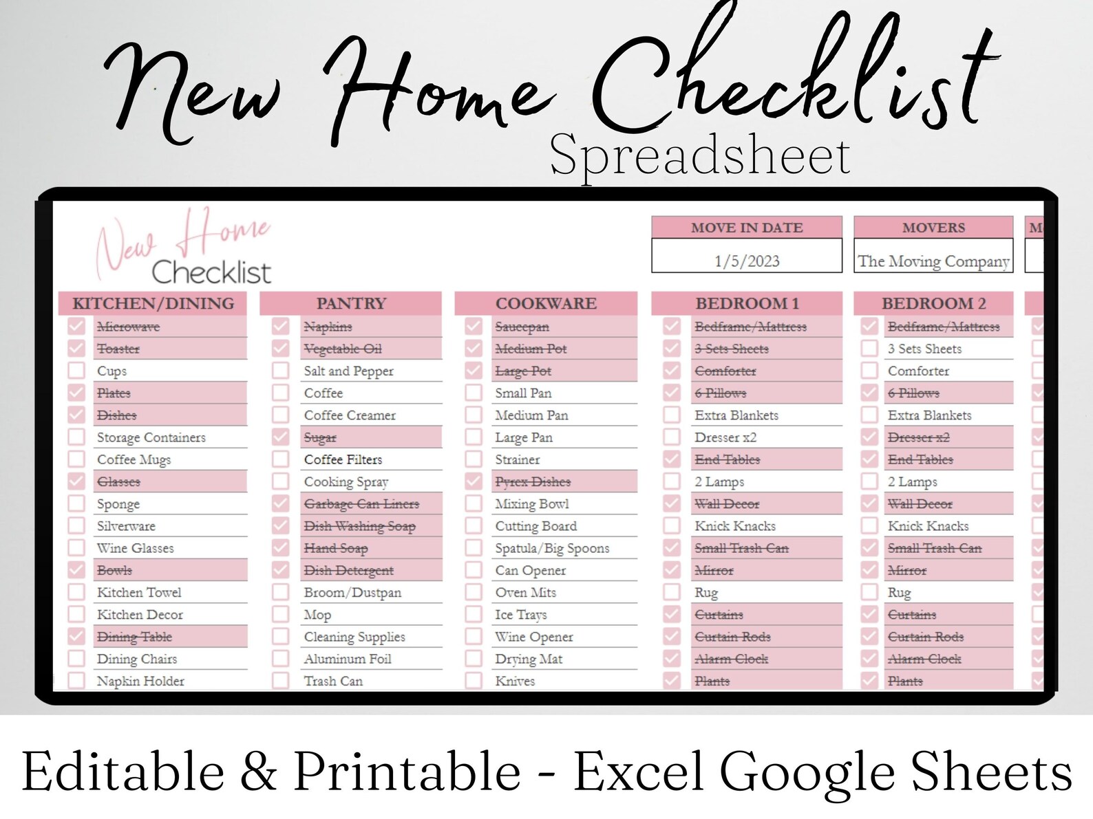 New Home Checklist Template Excel Spreadsheet, First Apartment List ...