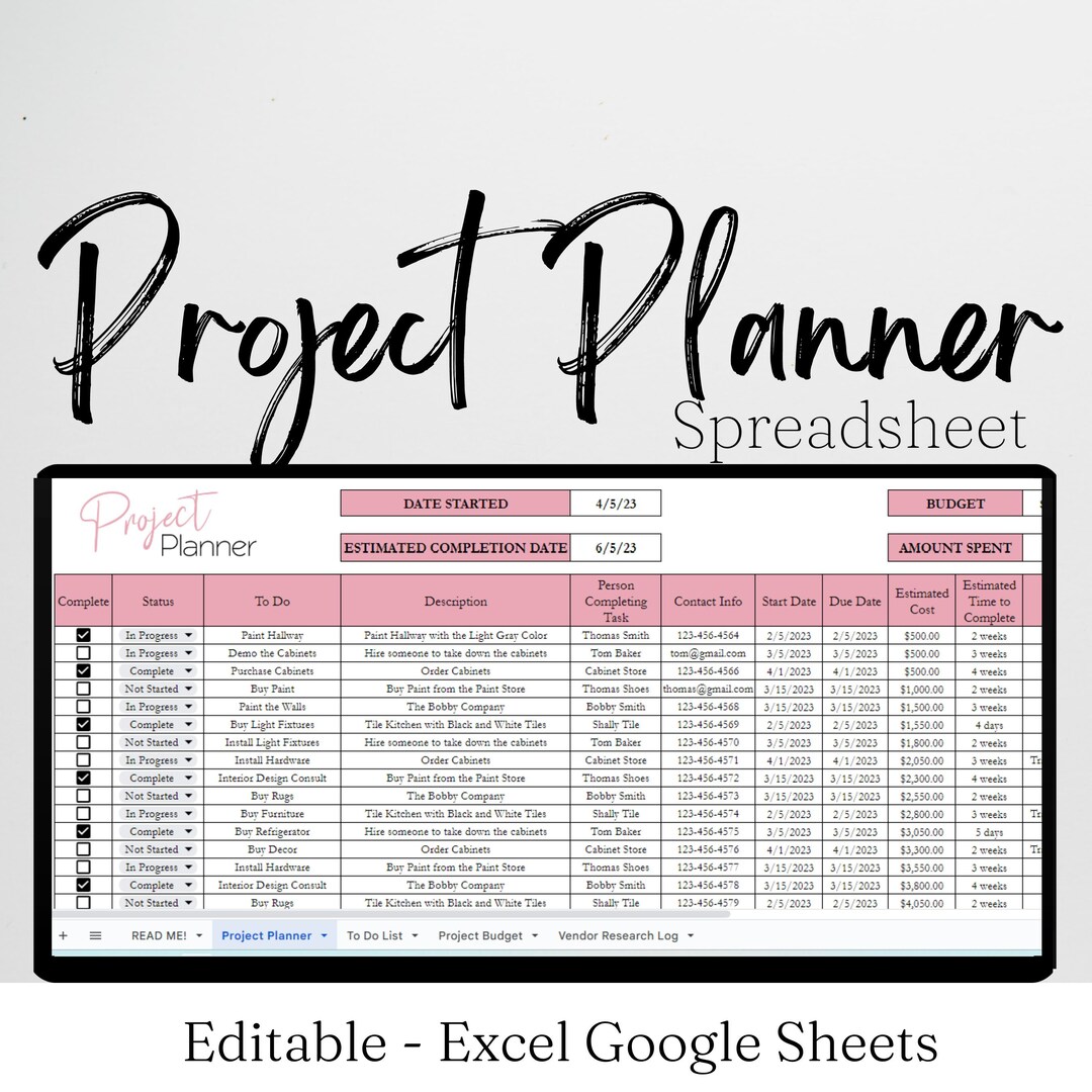 Project Planner Template Excel Spreadsheet, Project Management ...