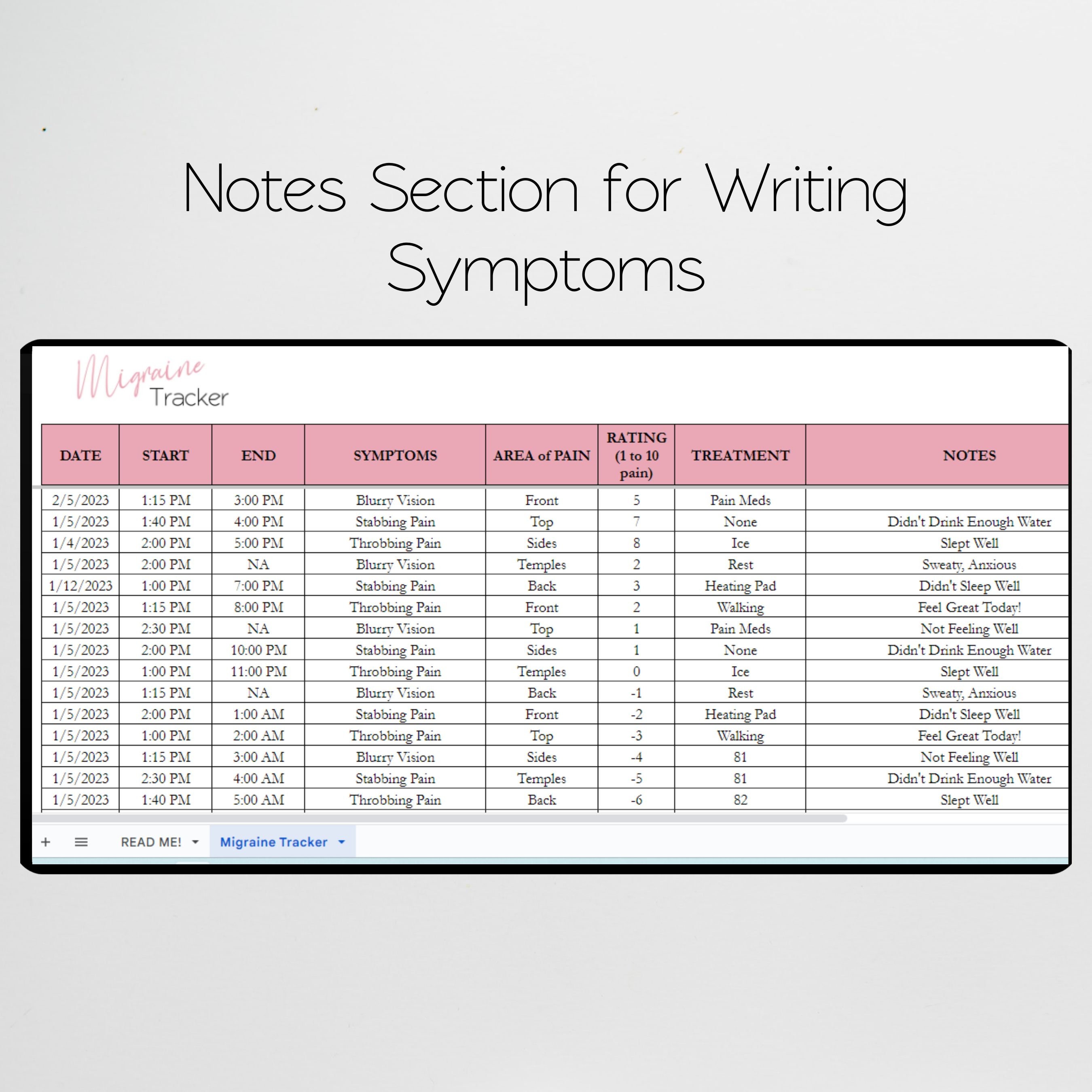 Migraine Tracker Excel Spreadsheet, Chronic Migraine Log Template ...