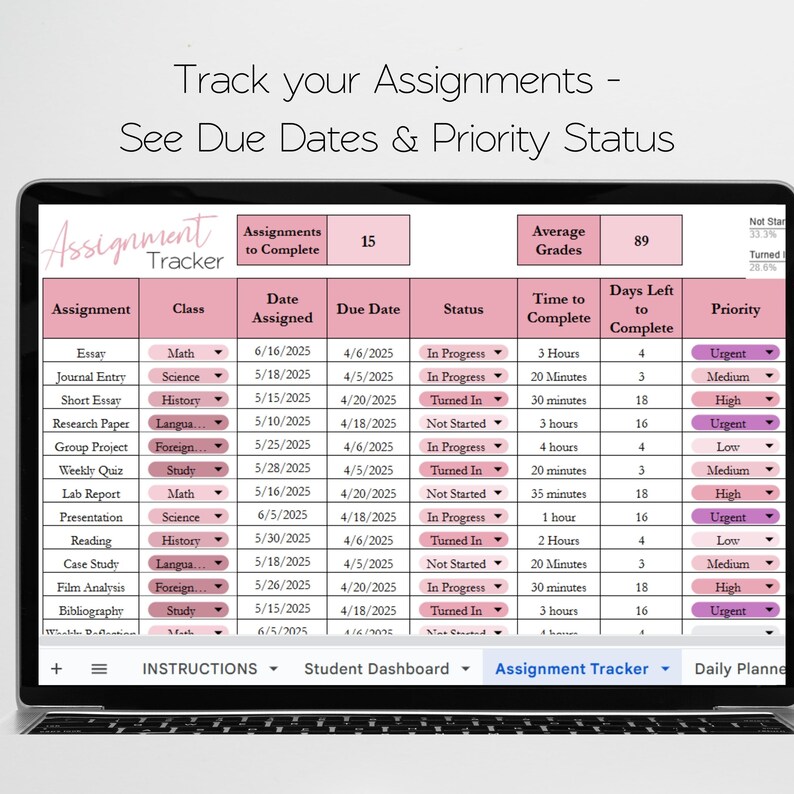 Student Planner Google Sheets, Academic Planner Spreadsheet, College ...
