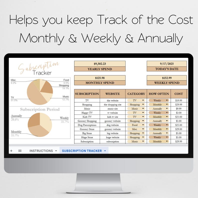 Monthly Subscription Tracker Google Sheets, Monthly Subscription ...