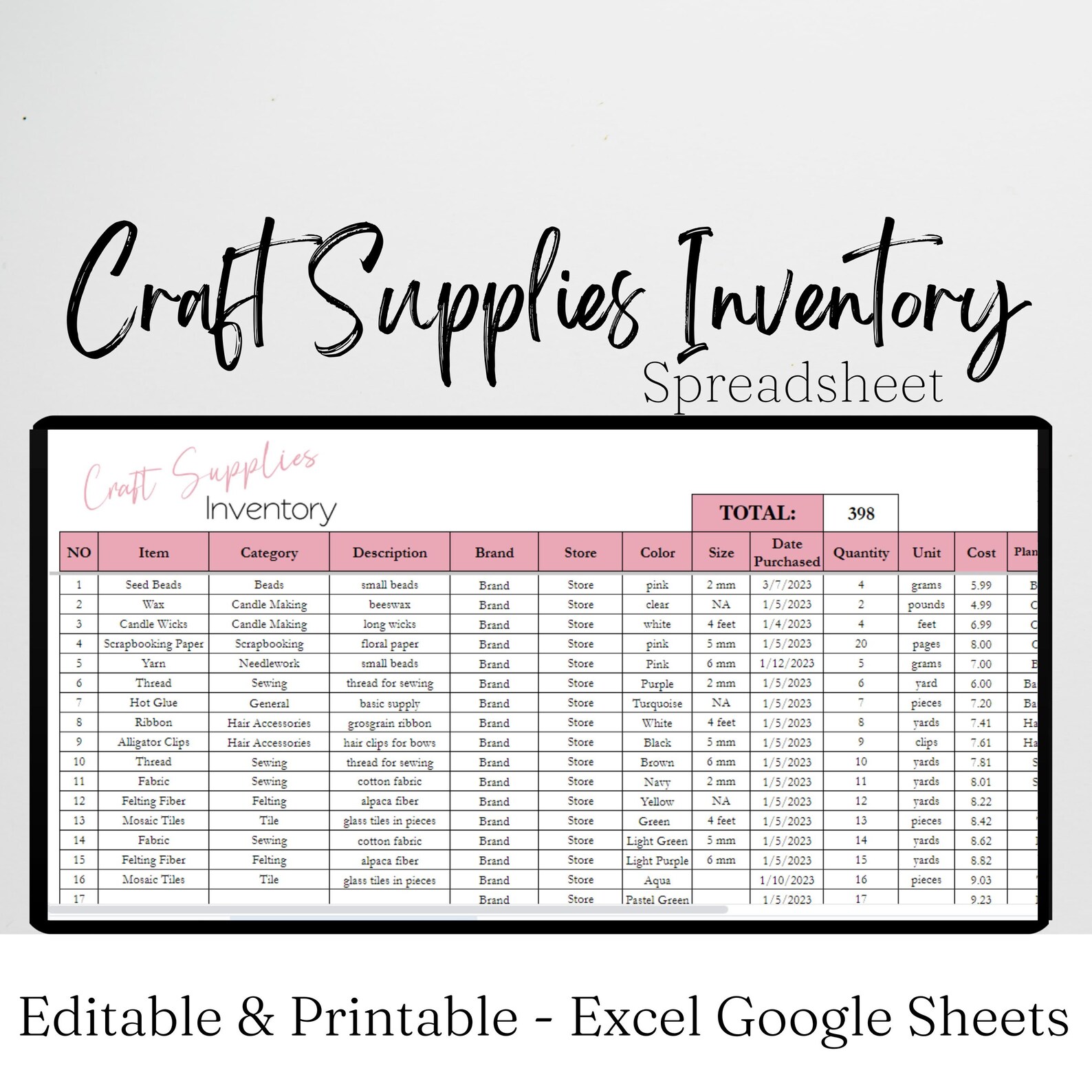 Craft Supplies Inventory Tracker Excel Spreadsheet Crafts Organization ...