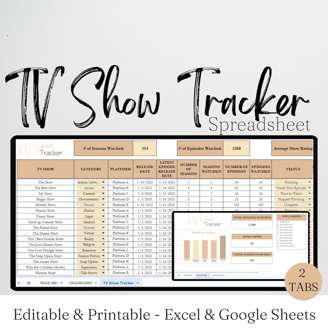 TV Show Tracker Excel Spreadsheet, TV Shows Tracking Google Sheets ...