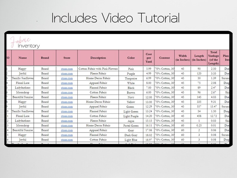 Fabric Inventory Tracker Excel Spreadsheet Sewing Organizer - Etsy