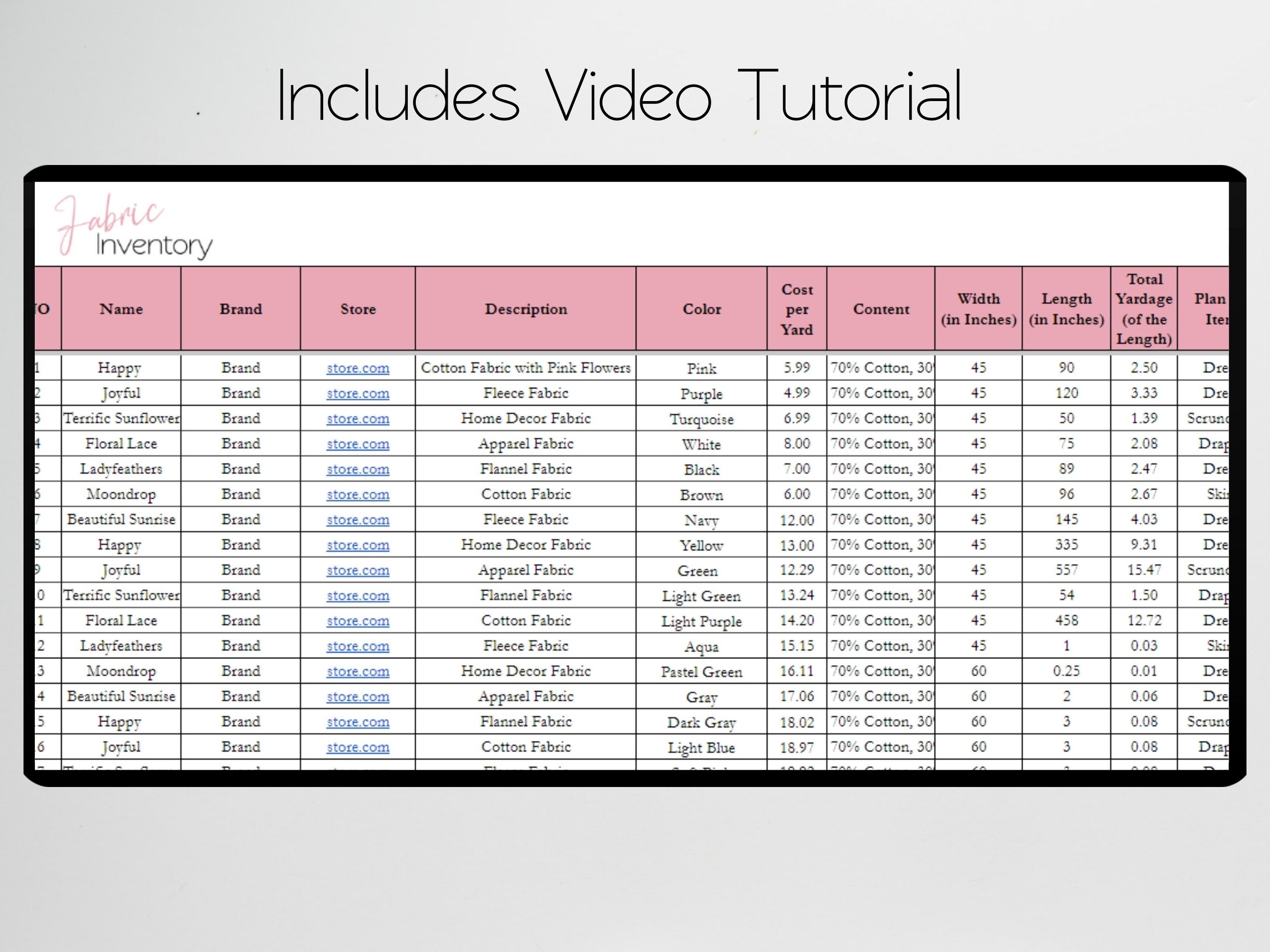 Fabric Inventory Tracker Excel Spreadsheet Sewing Organizer - Etsy