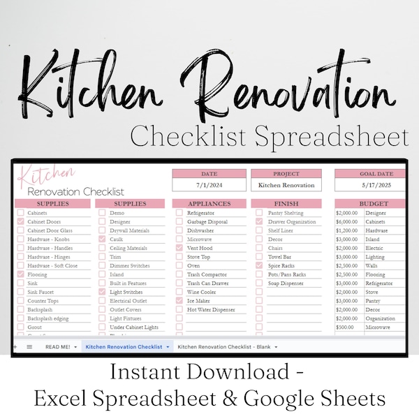 Kitchen Remodel Planner Google Sheets - Etsy