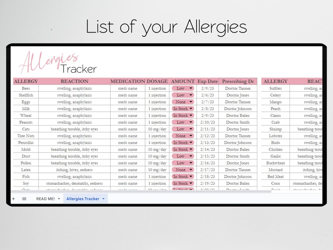 Allergy Tracker Template Excel Spreadsheet Allergy List - Etsy