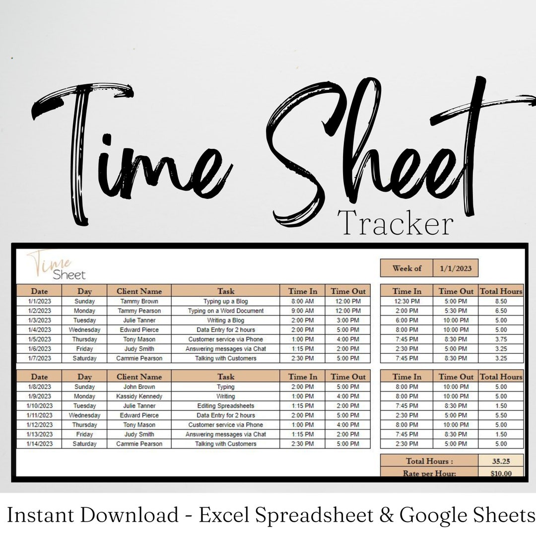 Weekly Time Sheet, Employee Time Tracker, Clock in and Out Timesheet ...