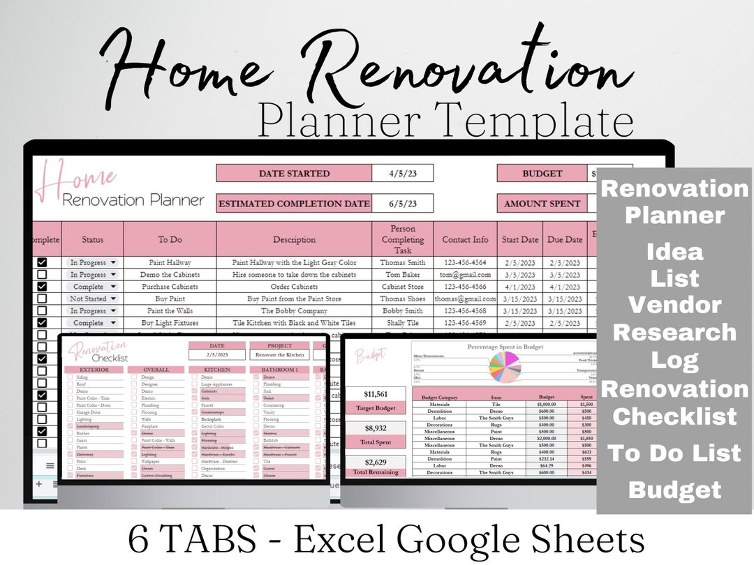Home Renovation Planner Excel Spreadsheet, Home Improvement, Home ...