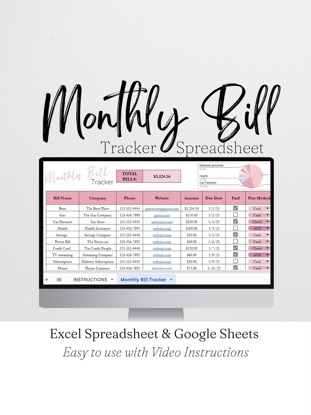 Monthly Bill Tracker Excel Spreadsheet, Bill Spreadsheet, Bill Payment ...