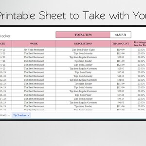 Tip Tracker Excel Spreadsheet, Tips Tracker, Tip Shift Tracker, Server ...