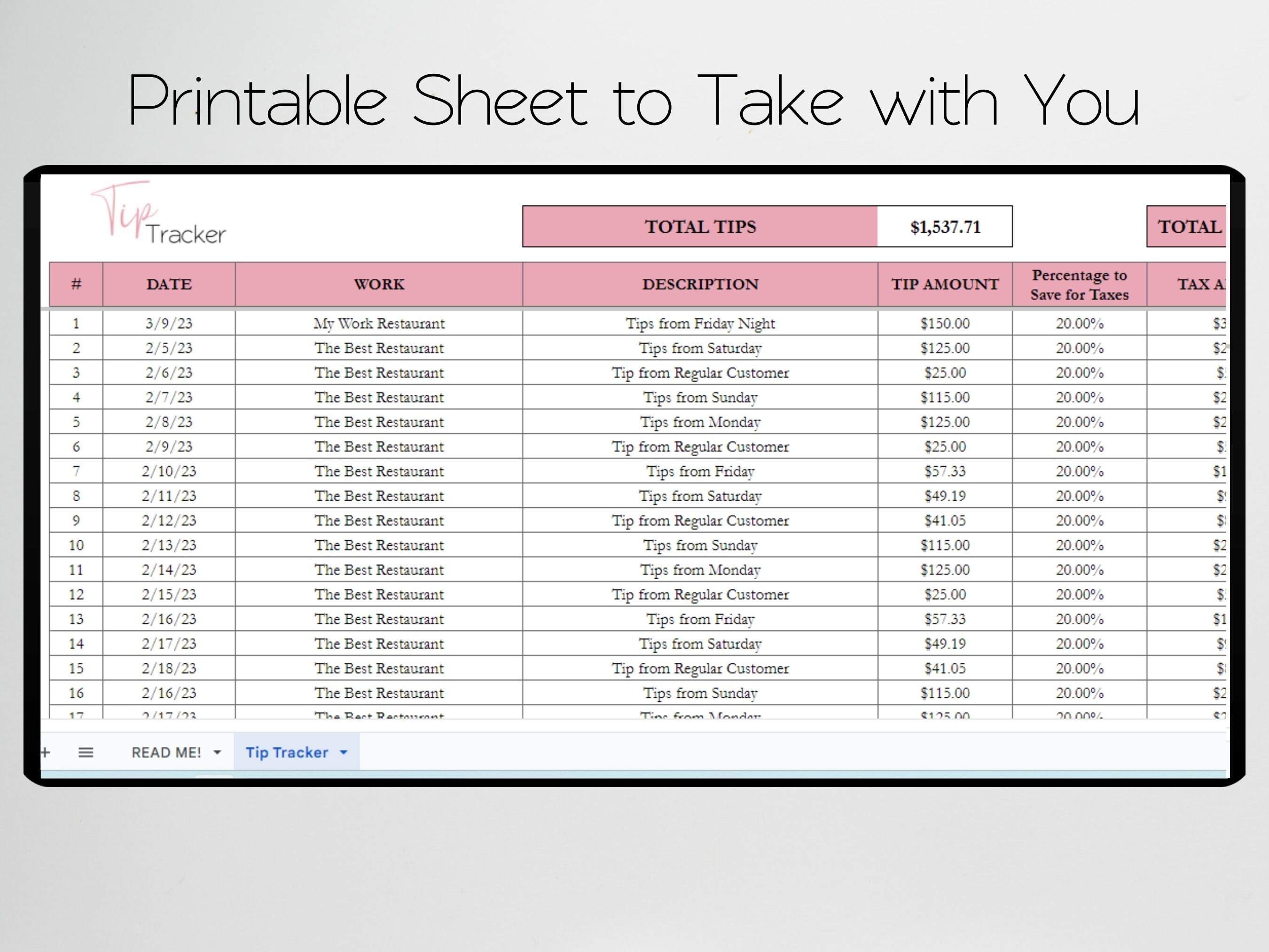 Tip Tracker Excel Spreadsheet Tips Tracker Tip Shift - Etsy