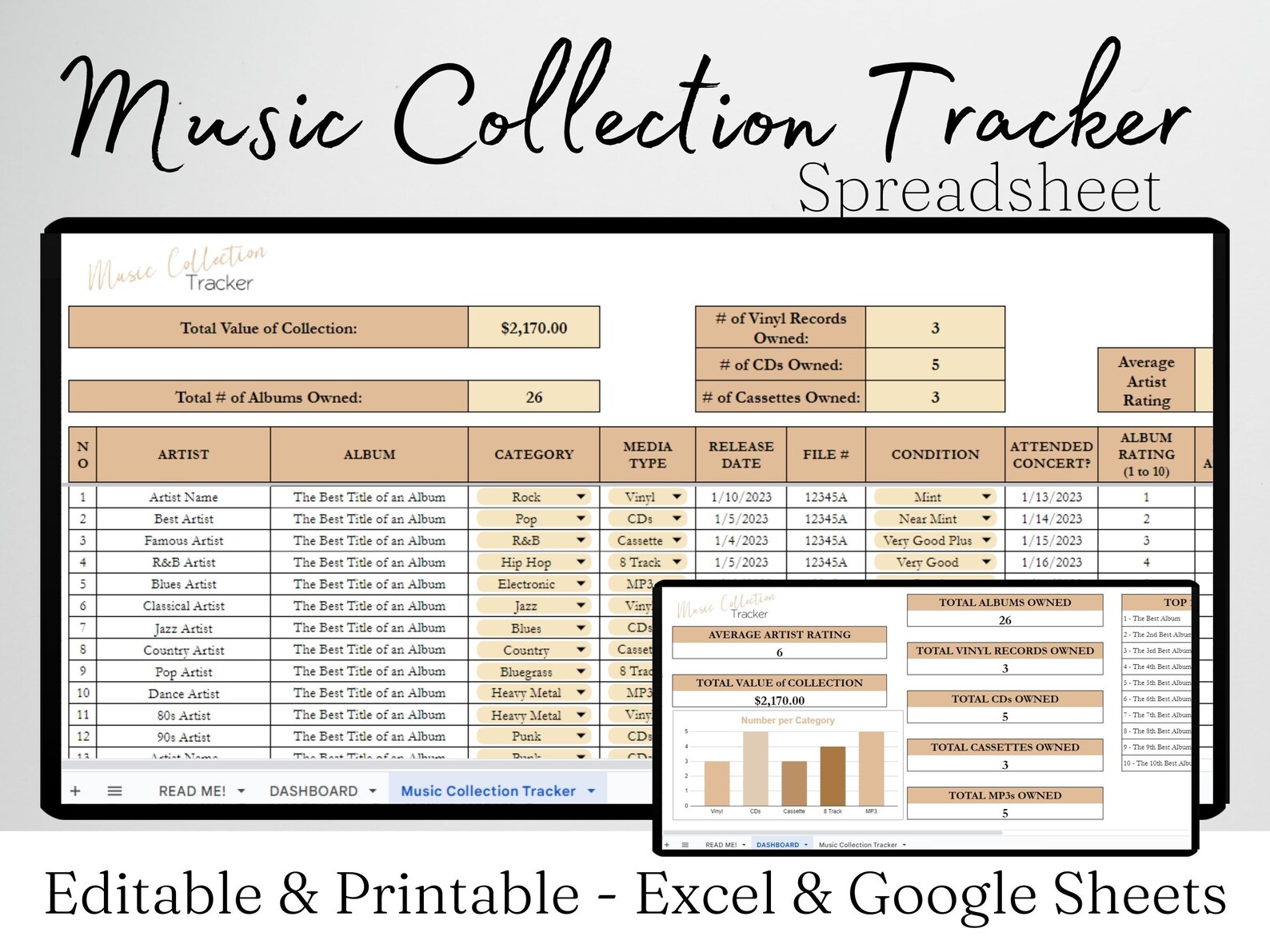 Music Collection Tracker Excel Spreadsheet, Music Tracker Google Sheets ...