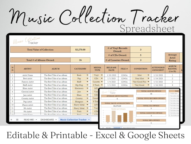Music Collection Tracker Excel Spreadsheet, Music Tracker Google Sheets ...