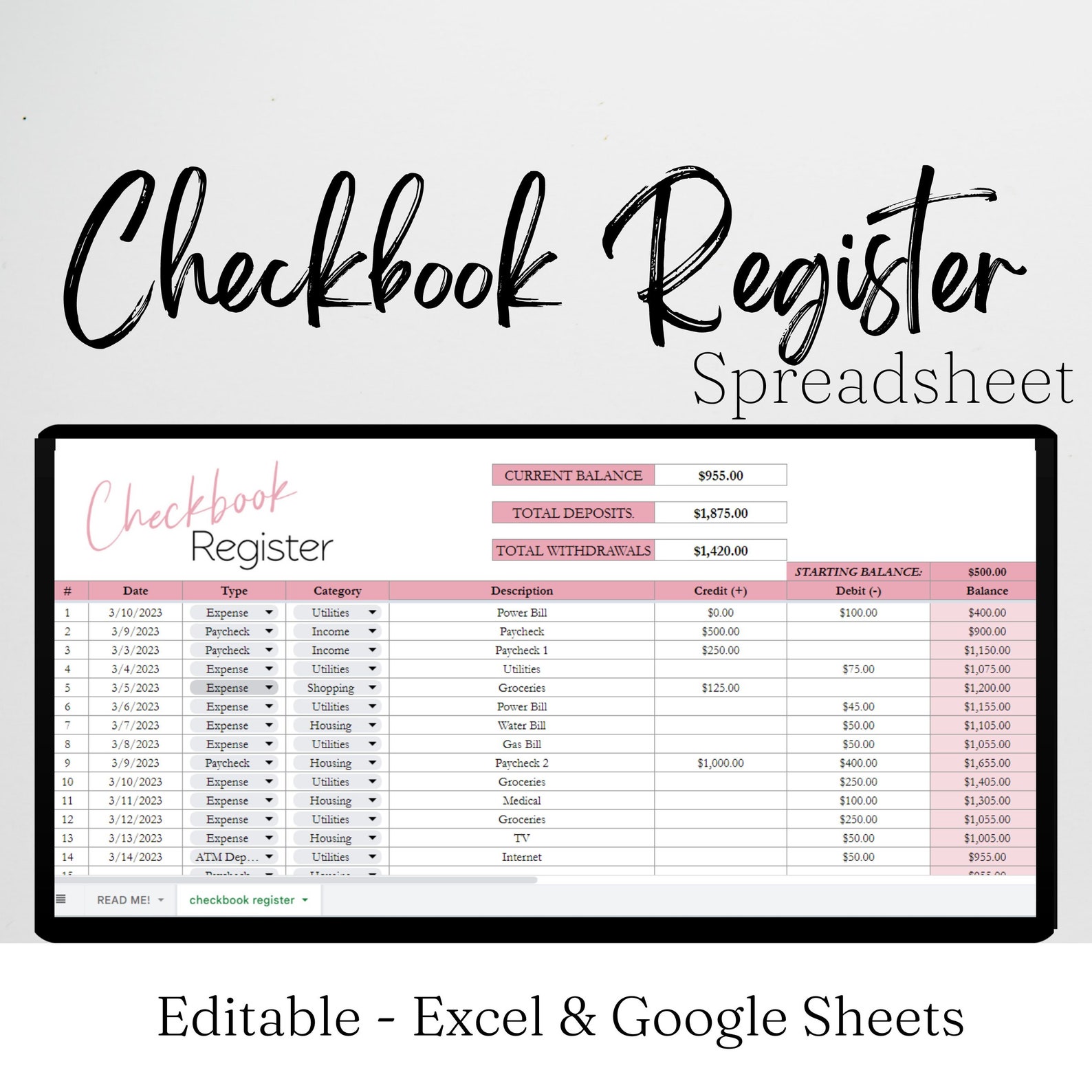 Checkbook Register Excel Spreadsheet, Check Book Register Google Sheets ...