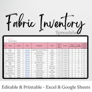 Fabric Inventory Tracker Excel Spreadsheet, Sewing Organizer, Fabric ...