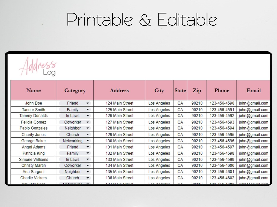 Address Tracker Template Excel Spreadsheet Address Book - Etsy