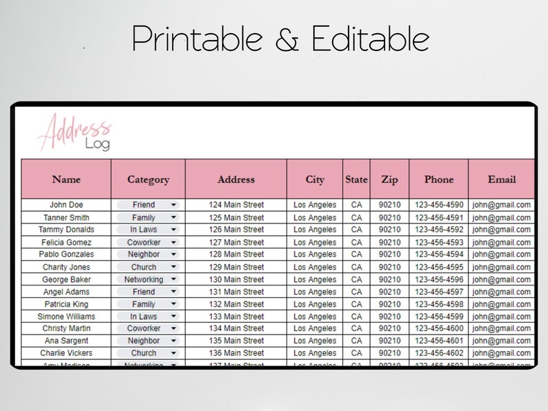 Address Tracker Template Excel Spreadsheet, Address Book, Address Log ...