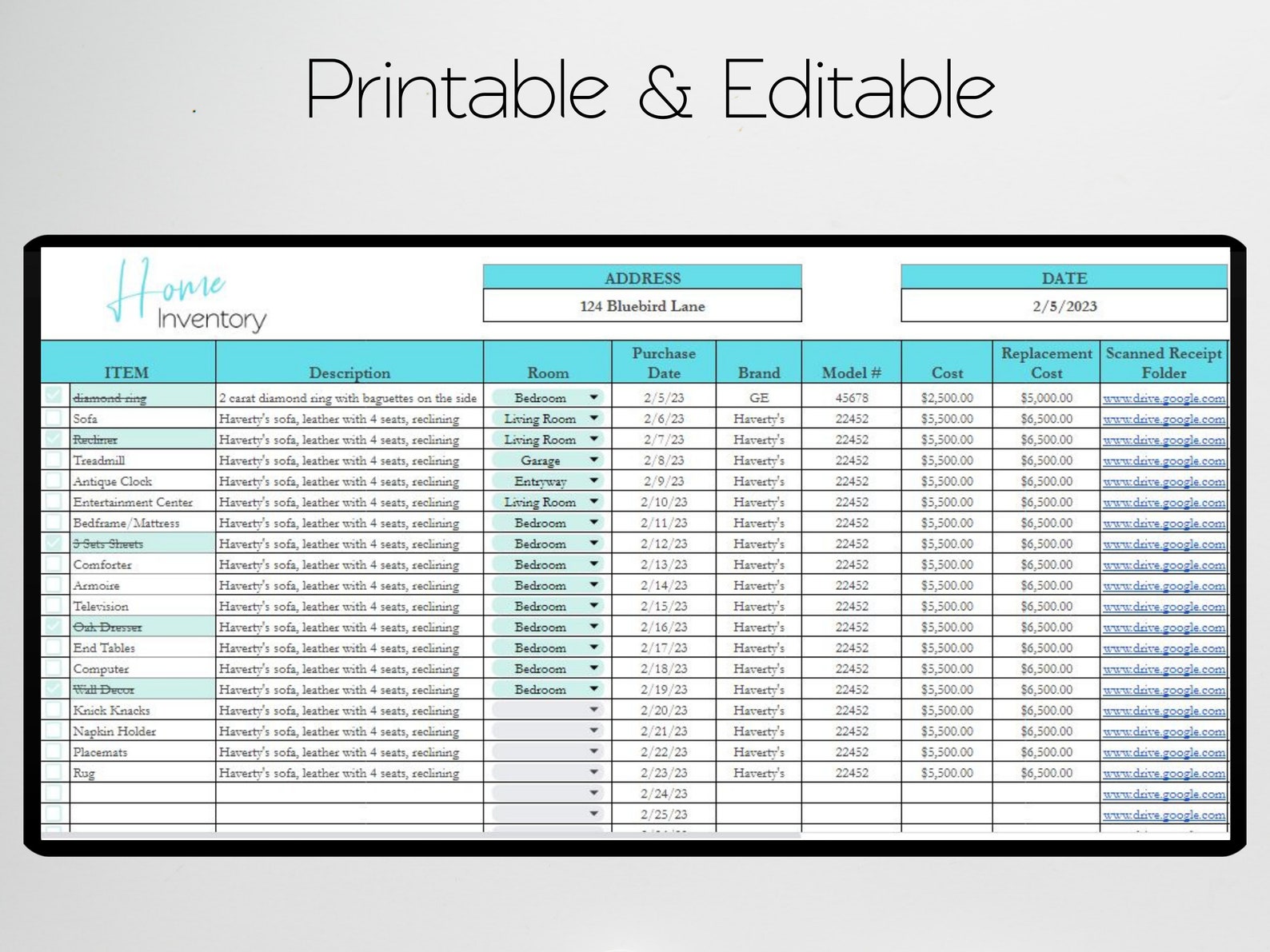 Home Inventory Spreadsheet, Home Inventory Template, Home Inventory ...