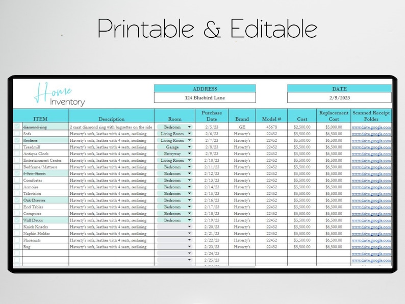 Home Inventory Spreadsheet, Home Inventory Template, Home Inventory ...